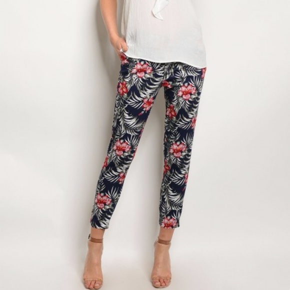 Tea n Cup | Pants & Jumpsuits | Blue Floral Tropical Pants Trousers ...